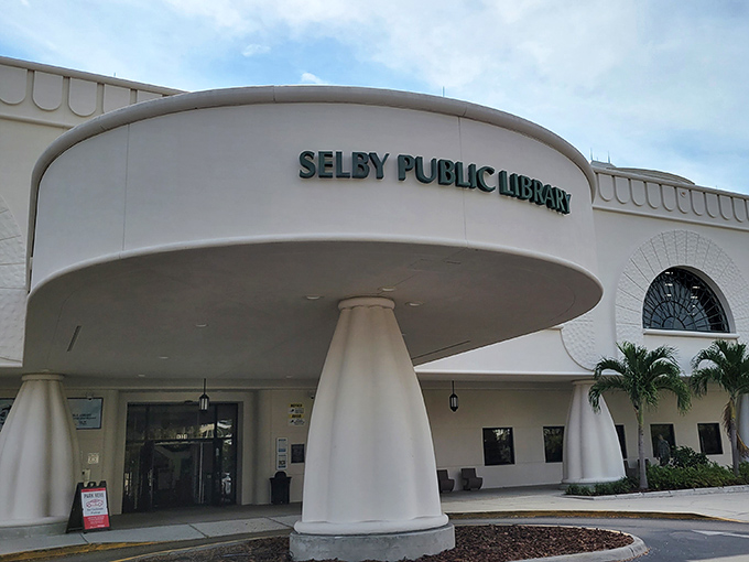 The Selby Public Library's distinctive architecture proves that even book borrowing deserves a dramatic entrance in Sarasota.