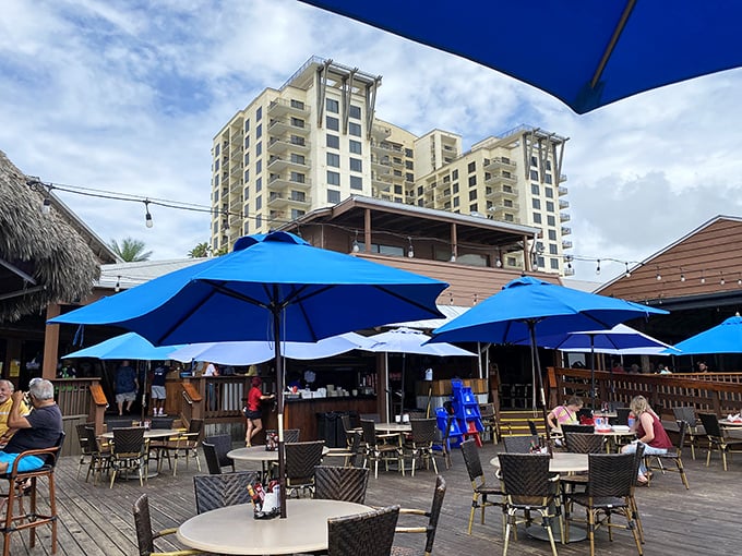 Beachfront dining with blue umbrellas as far as the eye can see &ndash; where the only thing better than the view is knowing you don't need reservations for sunset.