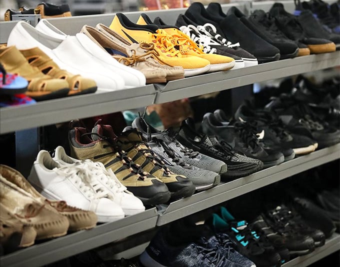 Footwear fantasies come alive on these shelves. That perfect pair of barely-worn yellow sneakers is just waiting for your next adventure.