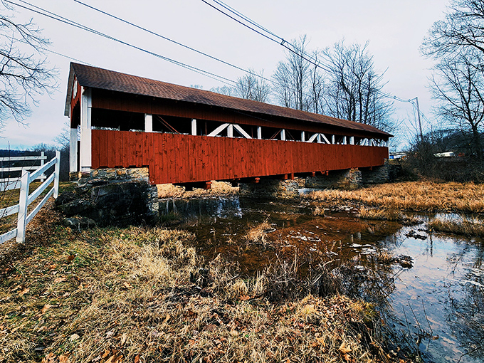 Stony Creek flows gently beneath the bridge's weathered foundations, creating a perfect reflection that doubles the visual delight for lucky visitors.