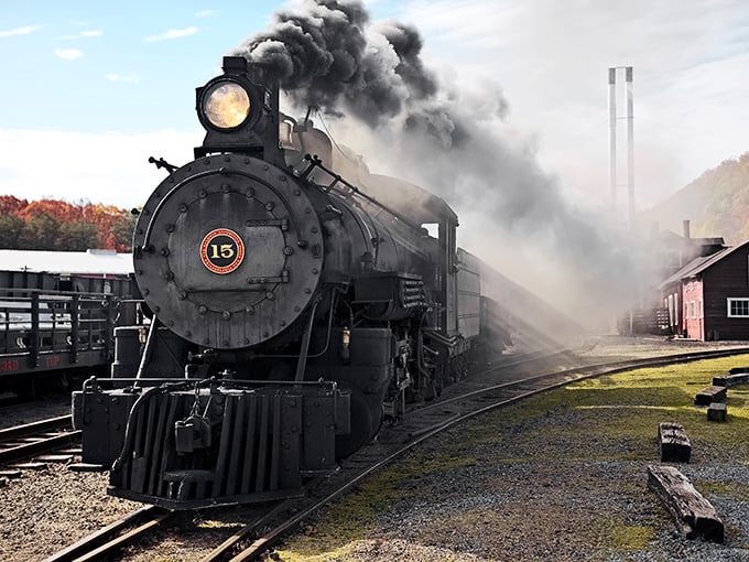 Engine No. 15 waits in majestic repose, its gleaming headlight ready to pierce the mist like a mechanical cyclops awakening from slumber.