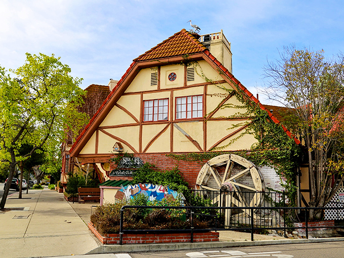 Half-timbered charm with a side of California sunshine. This water wheel building embodies Solvang's perfect marriage of Danish design and West Coast weather.