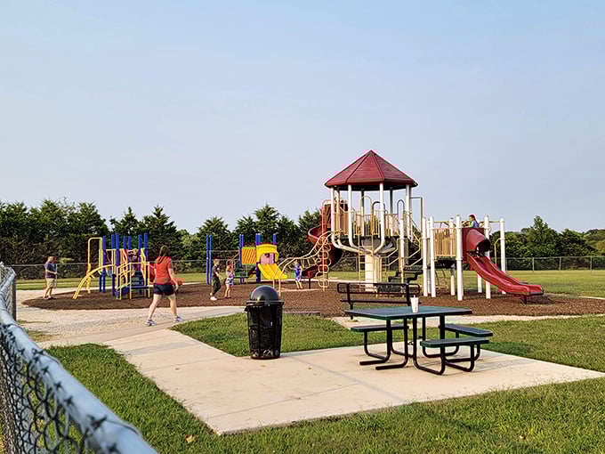 The town park offers a perfect respite for families, with equipment that reminds us playgrounds don't need Wi-Fi to create lasting memories.