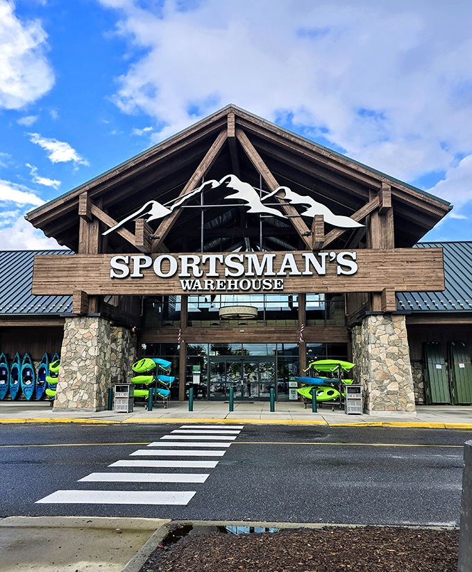 Sportsman's Warehouse brings the outdoors inside with its impressive timber-frame entrance – a lodge for gear enthusiasts.