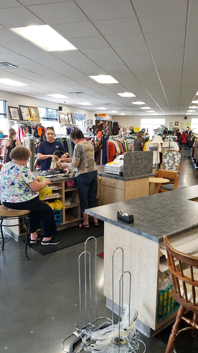 Friendly staff and volunteers help customers find treasures among the carefully curated merchandise, creating a welcoming community atmosphere.