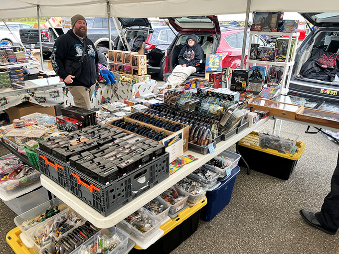 Vendors display their carefully organized collections of action figures and memorabilia. Remember when you convinced your mom these would be "investments"? You were right!