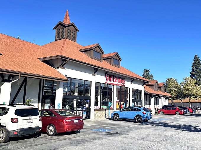 Even grocery shopping feels like a mountain retreat at Stater Bros. That distinctive red spire says "yes, we have milk, but with alpine flair."