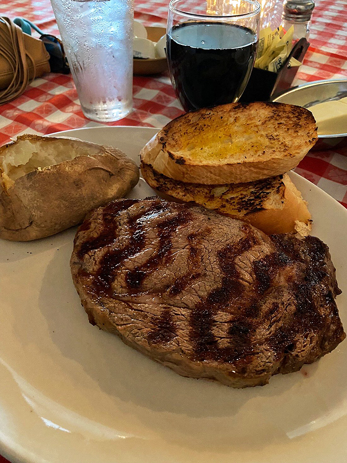 The star of the show in all its glory. This perfectly seared steak doesn't need fancy garnishes&mdash;it commands the plate with confidence that would make Frank Sinatra proud.