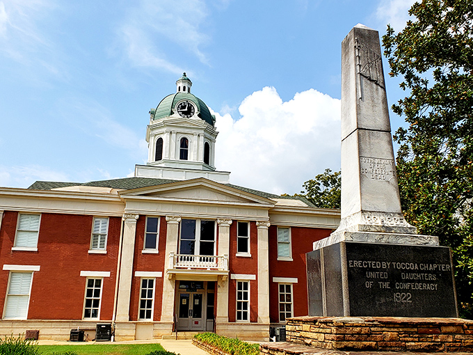 The Stephens County Courthouse stands proudly as Toccoa's architectural crown jewel, its green dome reaching skyward like a Southern belle's fancy hat.