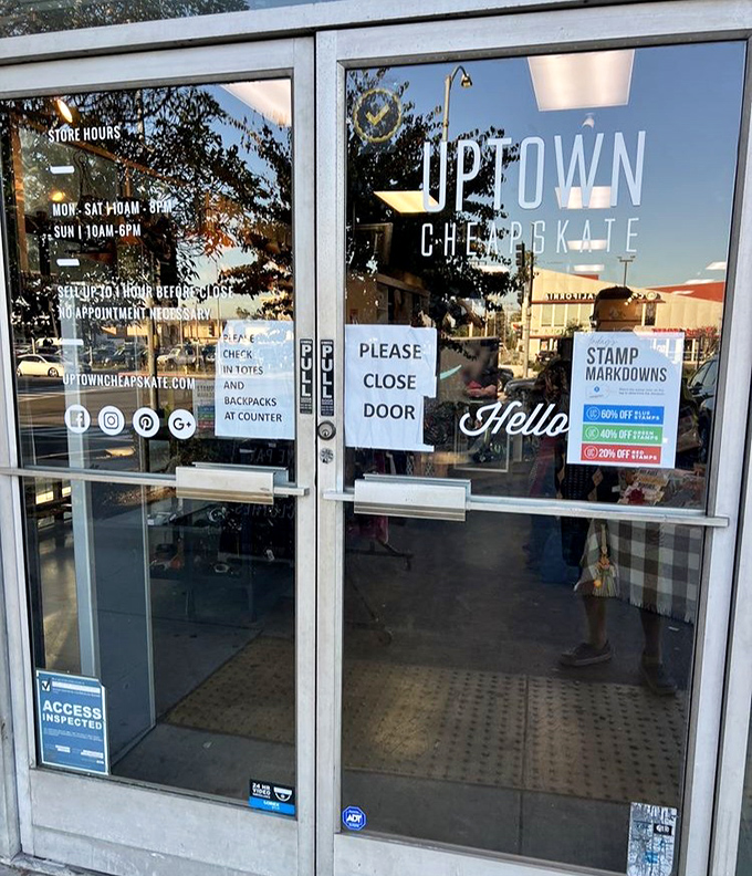 Store hours posted clearly because even treasure hunters need to plan their expeditions. The "Please Close Door" sign adds that touch of retail charm.