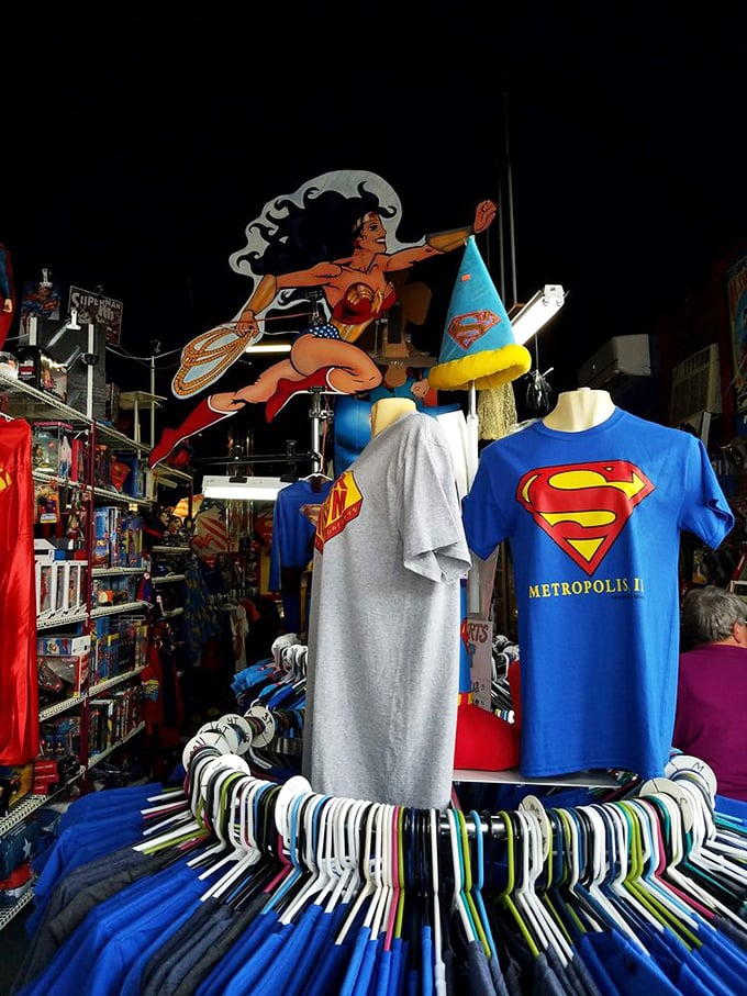 Even Wonder Woman makes an appearance among the sea of Superman merchandise, proving this museum celebrates the entire DC universe.