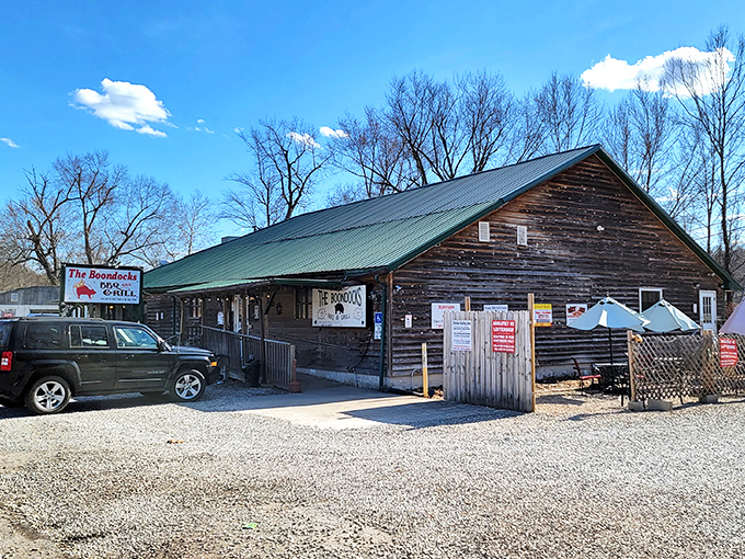 The Boondocks BBQ & Grill isn't trying to be trendy; it's just serving honest food in a rustic wooden building that's seen more stories than a library.