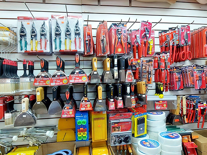 A handyman's dream wall of tools where DIY enthusiasts can find everything from precision screwdrivers to industrial-grade spatulas.
