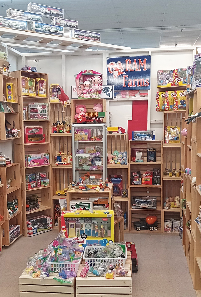 A time capsule of childhood memories awaits in this toy section, where vintage trucks and teddy bears patiently wait for their next adventure.