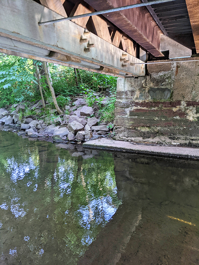 Beneath the bridge, engineering meets artistry where stone foundations have withstood decades of Tohickon Creek's seasonal moods.