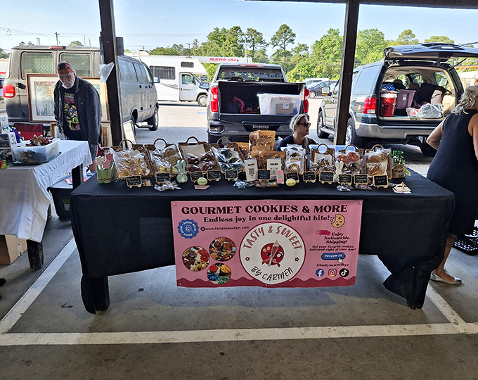 Sweet temptation in cookie form! This vendor's display proves that "endless joy in one delightful bite" isn't just clever marketing&mdash;it's a promise.