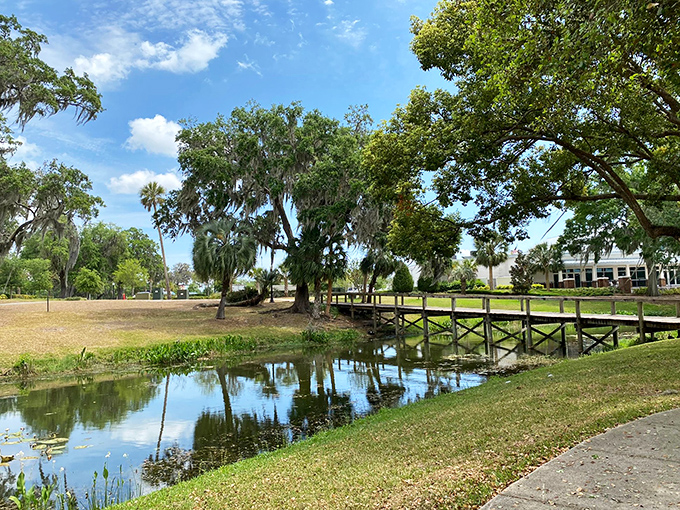 Venetian Gardens delivers that quintessential Florida serenity&mdash;Spanish moss draped trees reflecting in still waters while wooden bridges beckon explorers forward.