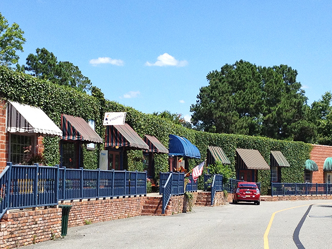 Not your average strip mall! These charming storefronts with their distinctive awnings and lush hedge backdrop create a shopping experience that feels delightfully nostalgic.