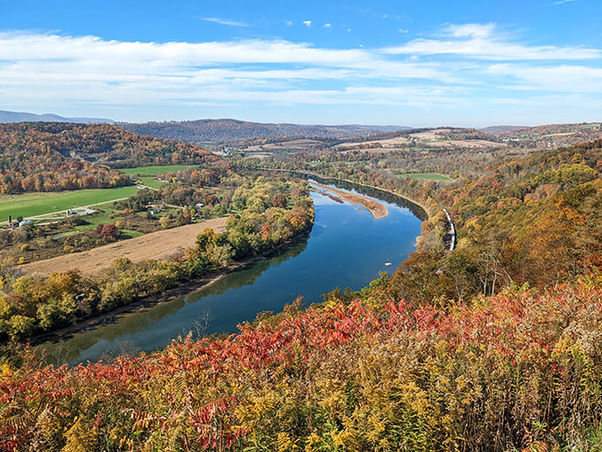 Blue ribbon of river cutting through golden fields and forest&mdash;nature's perfect composition that no Instagram filter could possibly improve.