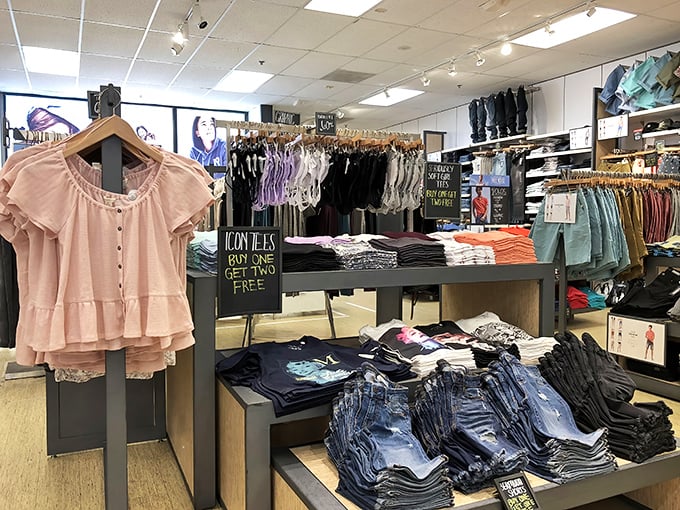 "Buy one, get two free" isn't just a sign&mdash;it's practically poetry. Casual fashion arranged with care that belies the bargain prices.