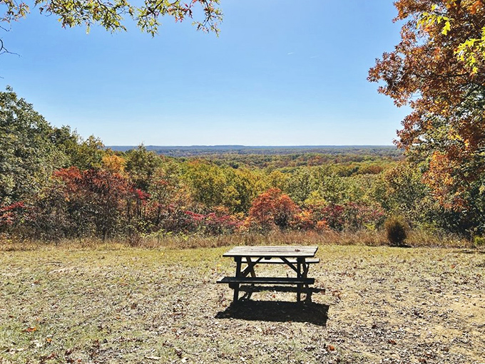 That lone picnic table isn't just furniture &ndash; it's front-row seating to Indiana's most spectacular panoramic show. Lunch with a view!