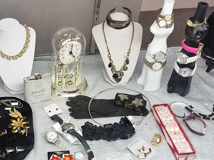 Vintage watches and statement jewelry await new wrists and necks. That anniversary clock under glass? Time literally stands still for treasure hunters here.