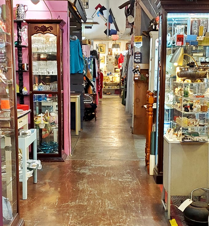 Every aisle tells a story—wooden floors bearing witness to countless discoveries as display cases stand like sentinels guarding memories.