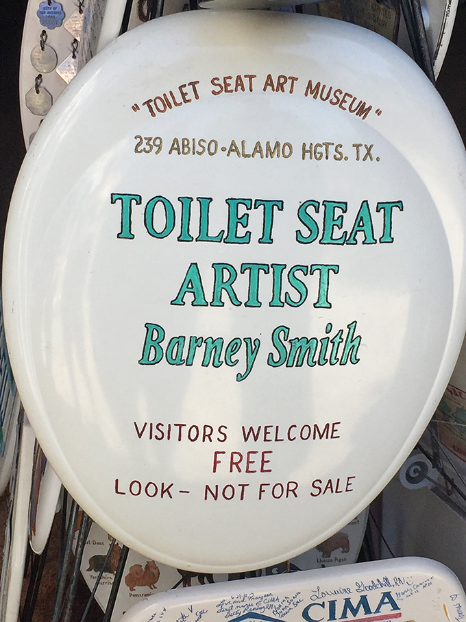 "Visitors Welcome, FREE, LOOK - NOT FOR SALE" proclaims the artist's signature seat, setting the unpretentious tone.