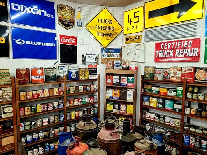 Detroit's golden age lives on in this corner of automotive memorabilia. Those vintage oil cans and road signs tell stories of cross-country adventures before GPS existed.