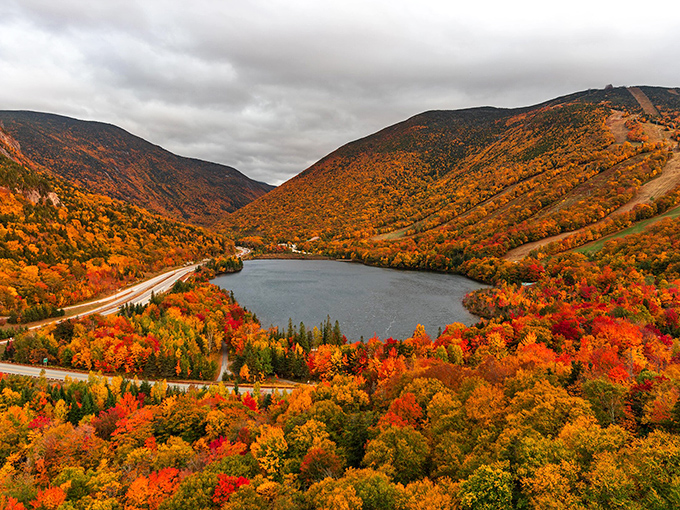 Fall's fashion show reaches its peak. The mountains don their most vibrant outfits while Echo Lake reflects the spectacle like nature's own Instagram filter.