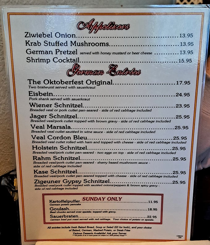 The menu reads like a love letter to German cuisine. Each schnitzel variation promises a different path to comfort food nirvana.