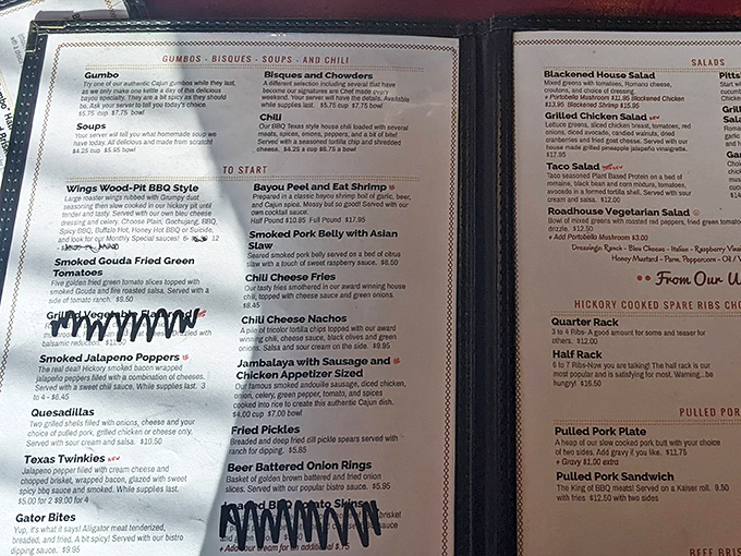 This menu reads like a love letter to American barbecue with Cajun flair. "Gator Bites" and "Texas Twinkies" aren't just food&mdash;they're conversation starters.