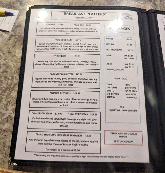 This isn't just a menu &ndash; it's a roadmap to happiness. The breakfast platters section alone could solve most of life's pressing problems.