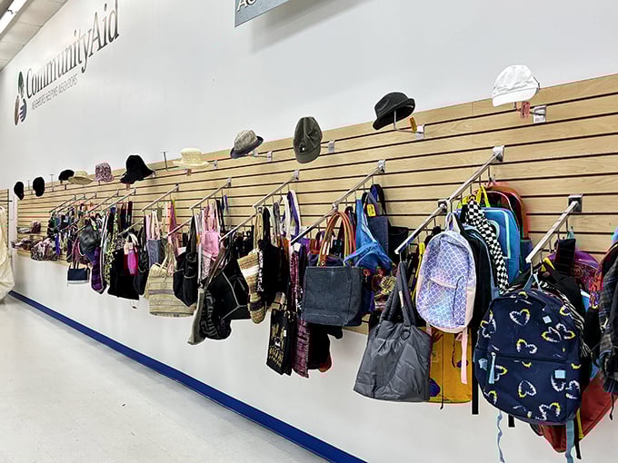 The wall of bags and backpacks &ndash; like a yearbook of everyone's organizational dreams hanging in perfect harmony.