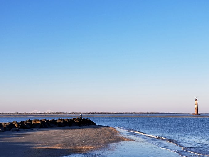 Where land meets legend &ndash; Morris Island Lighthouse stands sentinel in the distance, a stoic reminder of maritime history.