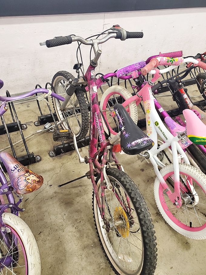Today's kid's bike could be tomorrow's first two-wheeler memory. These pink and purple cycles are priced by the pound, not the pedal.