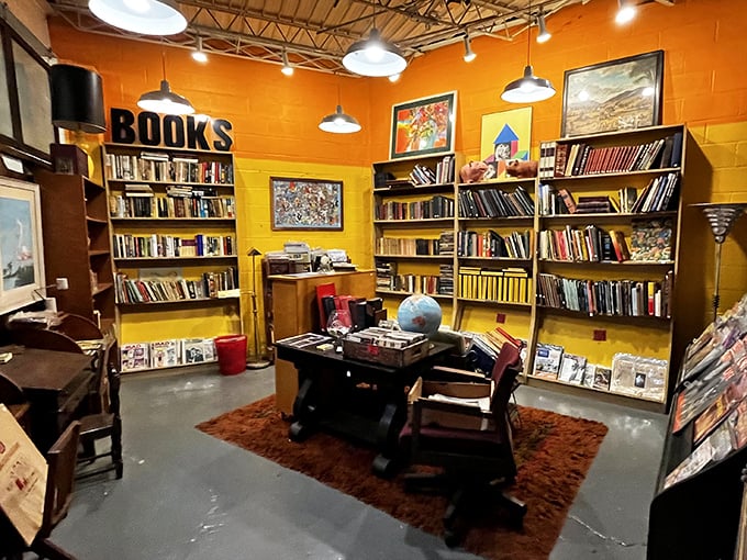 The vibrant orange book nook isn't just eye-catching &ndash; it's a literary time machine where forgotten bestsellers and vintage encyclopedias find new admirers.