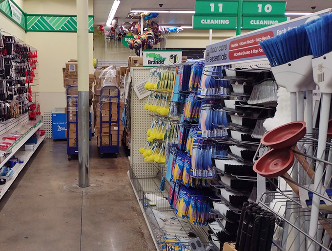 Cleaning supply heaven where your wallet stays as spotless as your countertops. Yellow brushes stand at attention, ready for duty. 