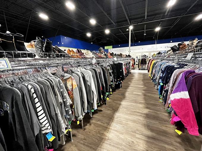 Clothing racks stretch to the horizon like a textile sea, each hanger potentially holding your next favorite outfit.