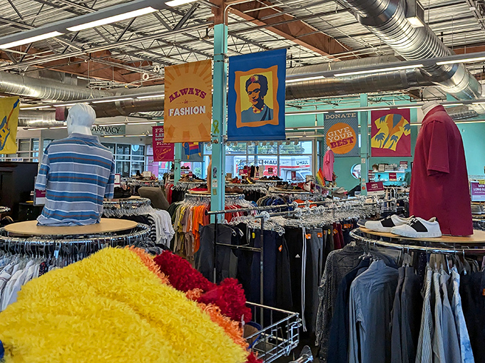 Colorful banners guide you through fashion neighborhoods, where yesterday's splurges become today's bargains waiting for their second act.