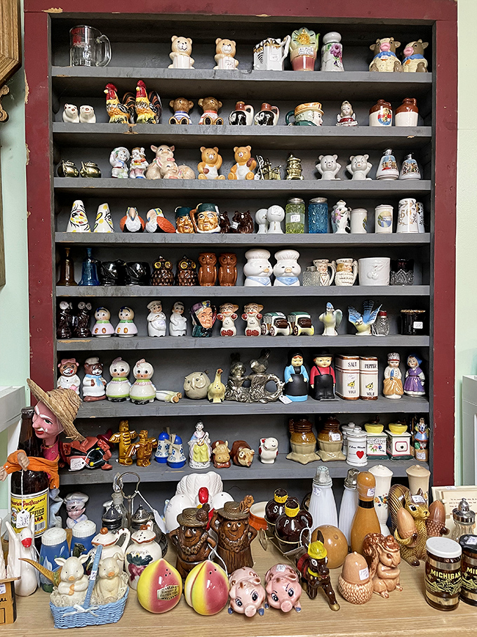 Not your average spice rack! This collection of vintage salt and pepper shakers tells stories of dinner tables past.