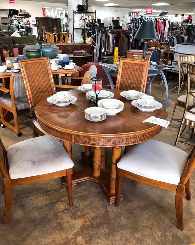 This rattan dining set has hosted a thousand family dinners in its past life and stands ready for a thousand more in yours.