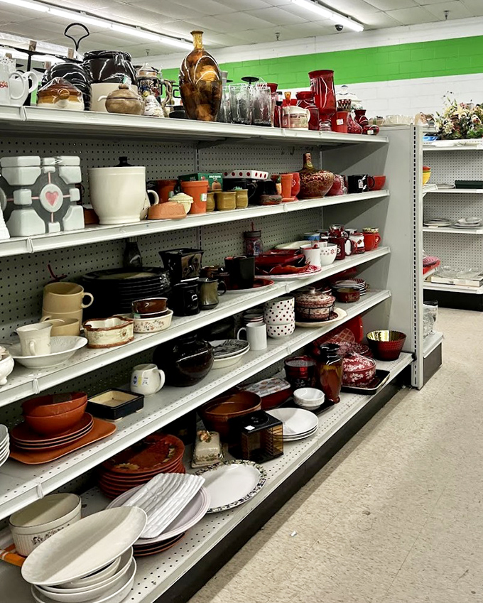 A ceramic time machine where vintage Pyrex meets modern minimalism. One shelf holds more dinner party potential than most department stores.
