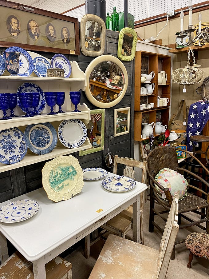 Blue and white china displays create a porcelain timeline of American dining history &ndash; each plate a circular canvas of bygone artistry.