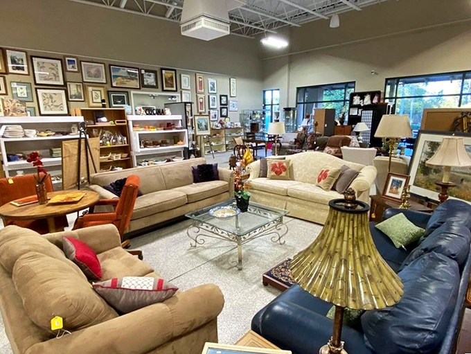 Living room vignettes that look straight out of a design magazine make it easy to envision these pieces in your own home. That gold lamp alone is worth the trip! 