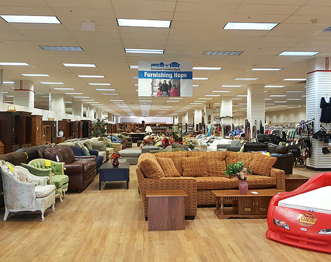 A sea of sofas awaits new homes. That textured orange number in the foreground is practically begging to be the quirky centerpiece in someone's living room saga. 
