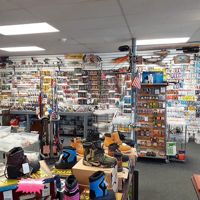 Not your average shopping aisle! This vendor's meticulously organized display of fishing gear and footwear could convert even the most dedicated online shopper.