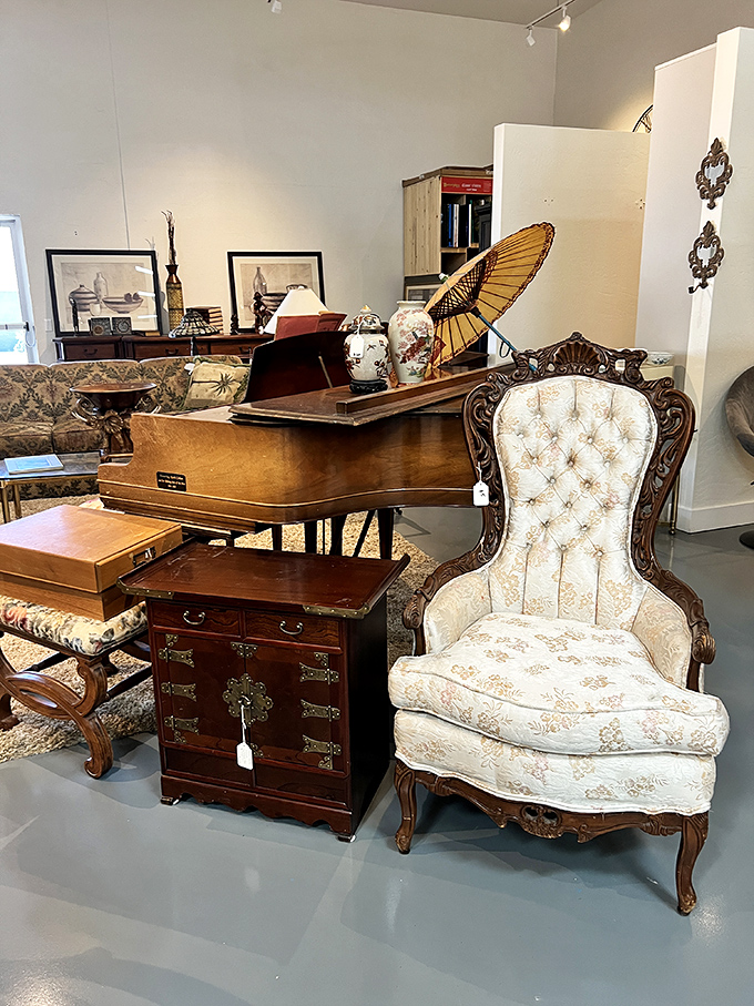 Not your grandmother's antique shop. This elegant chair and piano combo could transform your living room into a vintage showpiece.