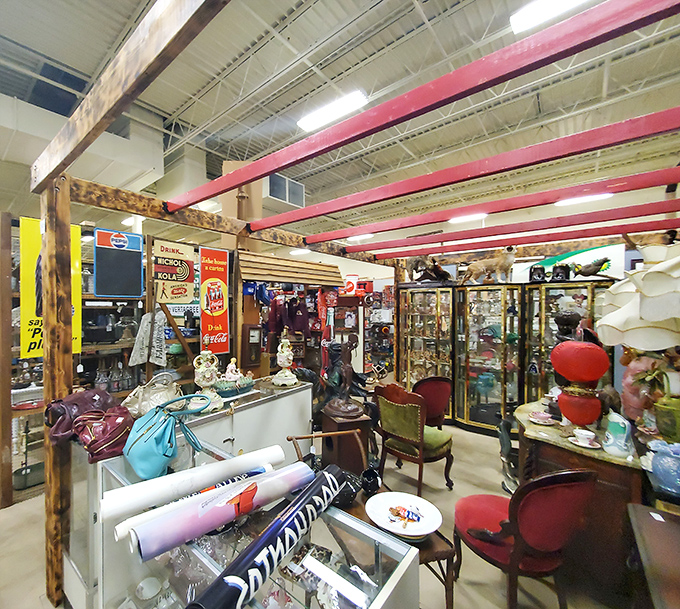 Vintage advertising meets collectible chaos in this booth where nostalgia is arranged by color, era, and how much it makes you say "I remember that!"