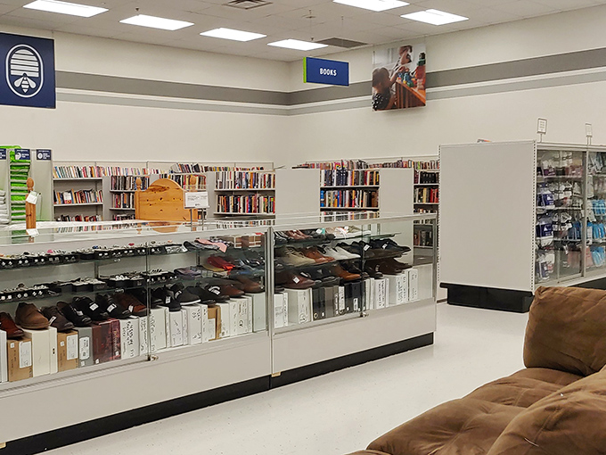 Where books meet boots – the meticulously organized shoe section sits adjacent to literary treasures, both waiting to find new homes.